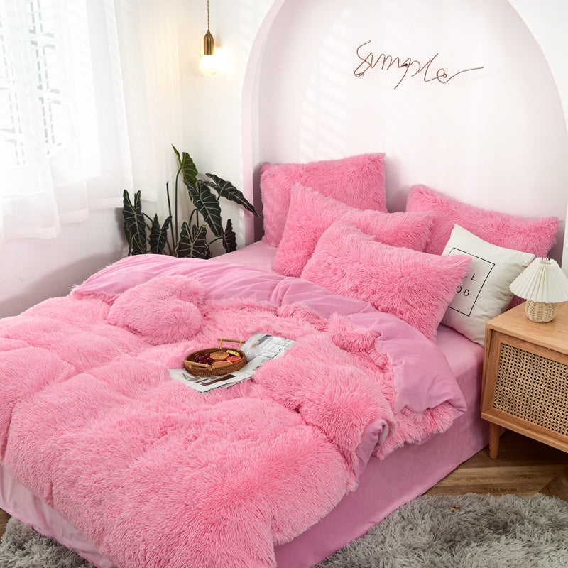 Therapeutic Fluffy Faux Mink & Velvet Fleece Quilt Cover Set - Pink ...
