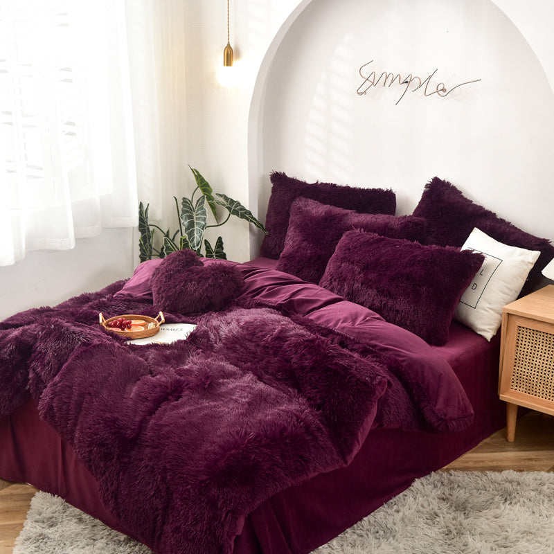 Therapeutic Fluffy Faux Mink & Velvet Fleece Quilt Cover Set - Wine Pu ...