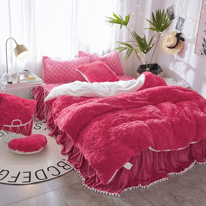 Therapeutic Fluffy Faux Lambswool Quilt Cover Set - Hot Pink – Bedding ...