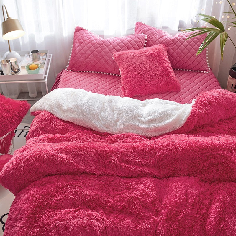 Therapeutic Fluffy Faux Lambswool Quilt Cover Set - Hot Pink – Bedding ...